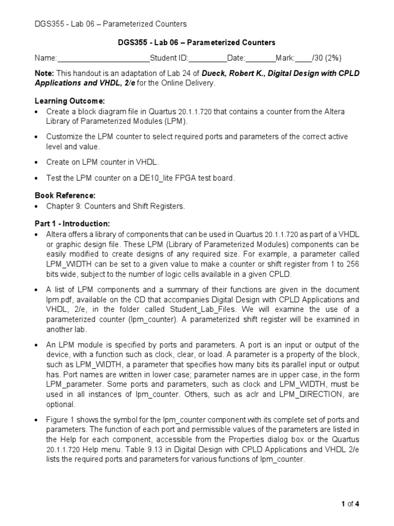 Dgs355 Lab 06 Parameterized Counters Winter22 Pdf Vhdl Parameter Computer Programming