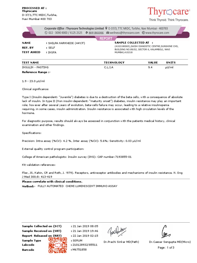 Fasting Insulin Test Results for Shilpa Narkhede | PDF | Glycated ...