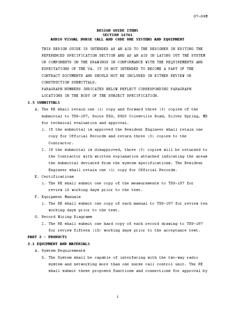 Design Guide Items SECTION 16761 Audio Visual Nurse Call and Code One Systems and Equipment ...