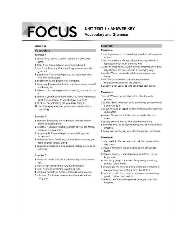 Focus 4 Unit Test 1 - Answer Key | PDF