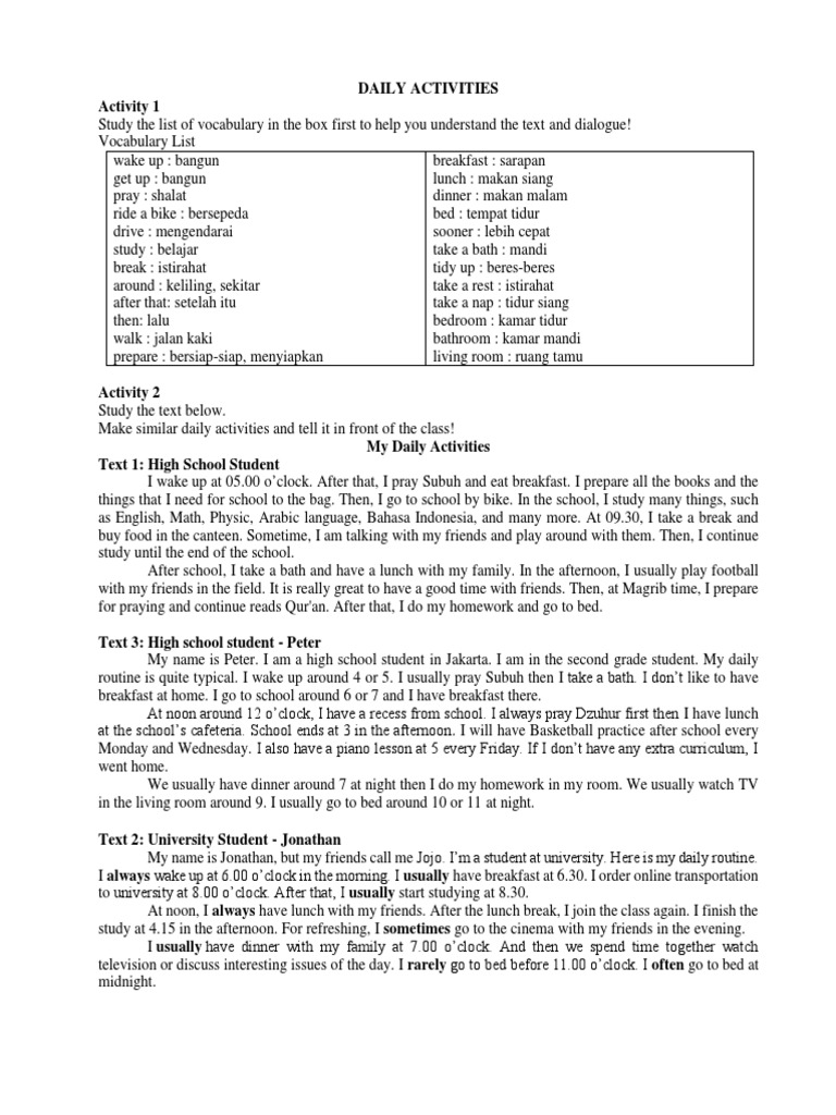 DAILY ACTIVITIES - English Language Program | PDF