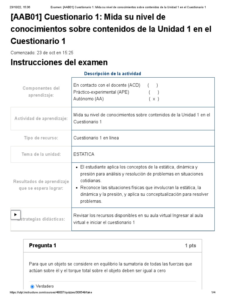 Examen - (AAB01) Cuestionario 1 - Mida Su Nivel de Conocimientos Sobre ...