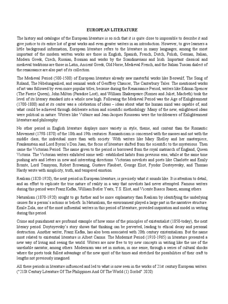 European Literature Background | PDF | Victorian Literature ...