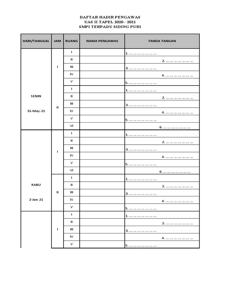 Absensi Pengawas Pat 2022 | PDF