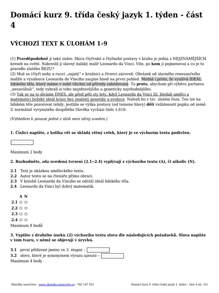 Domaci Kurz 9 Trida Cesky Jazyk 1 Tyden Cast 4 | PDF