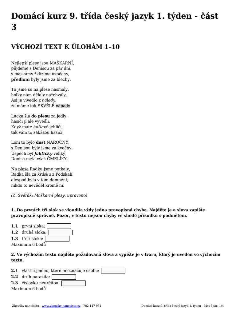 Domaci Kurz 9 Trida Cesky Jazyk 1 Tyden Cast 3 | PDF