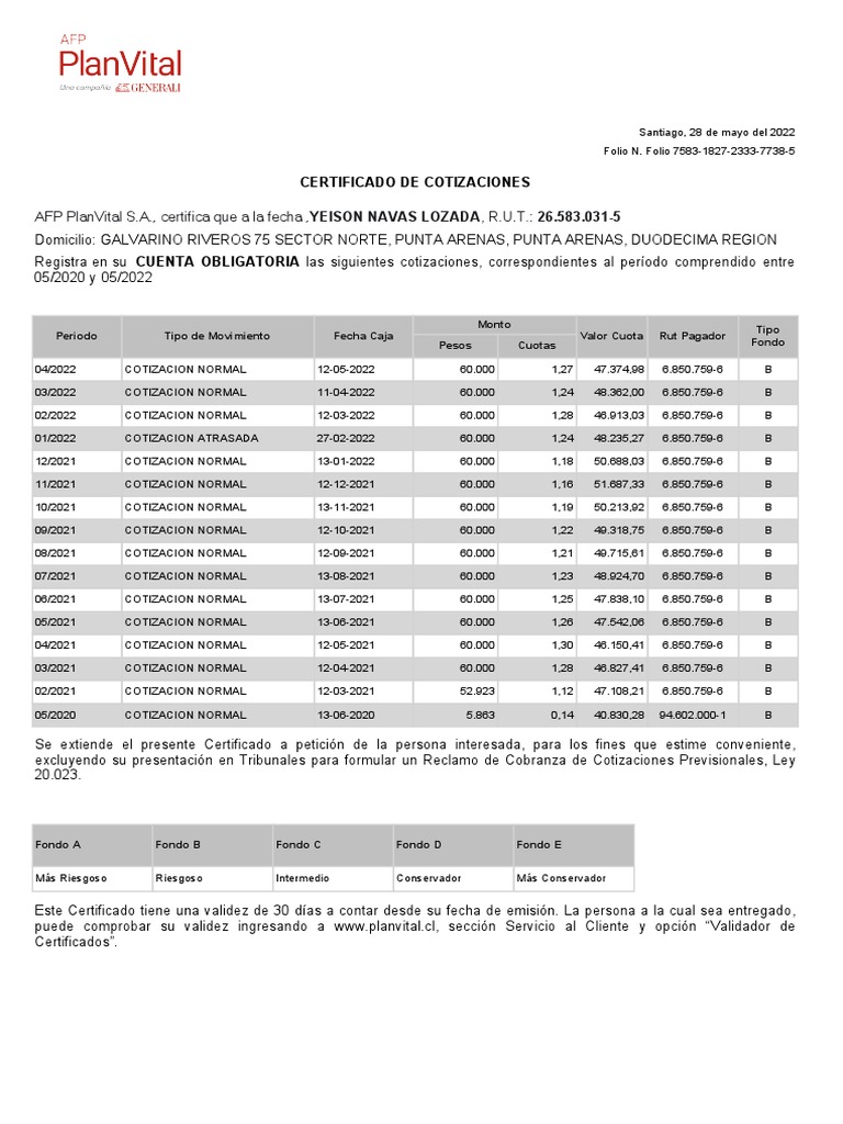 Certificado de Cotizaciones: Afp Planvital S.A., Certifica Que A La Fecha, Yeison Navas Lozada ...