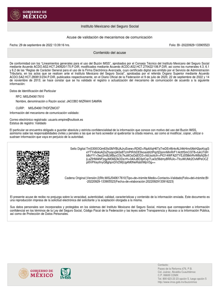 Acuse Validacion Medio Contacto Correo2022092913391622316391516826 | PDF | México | Gobierno