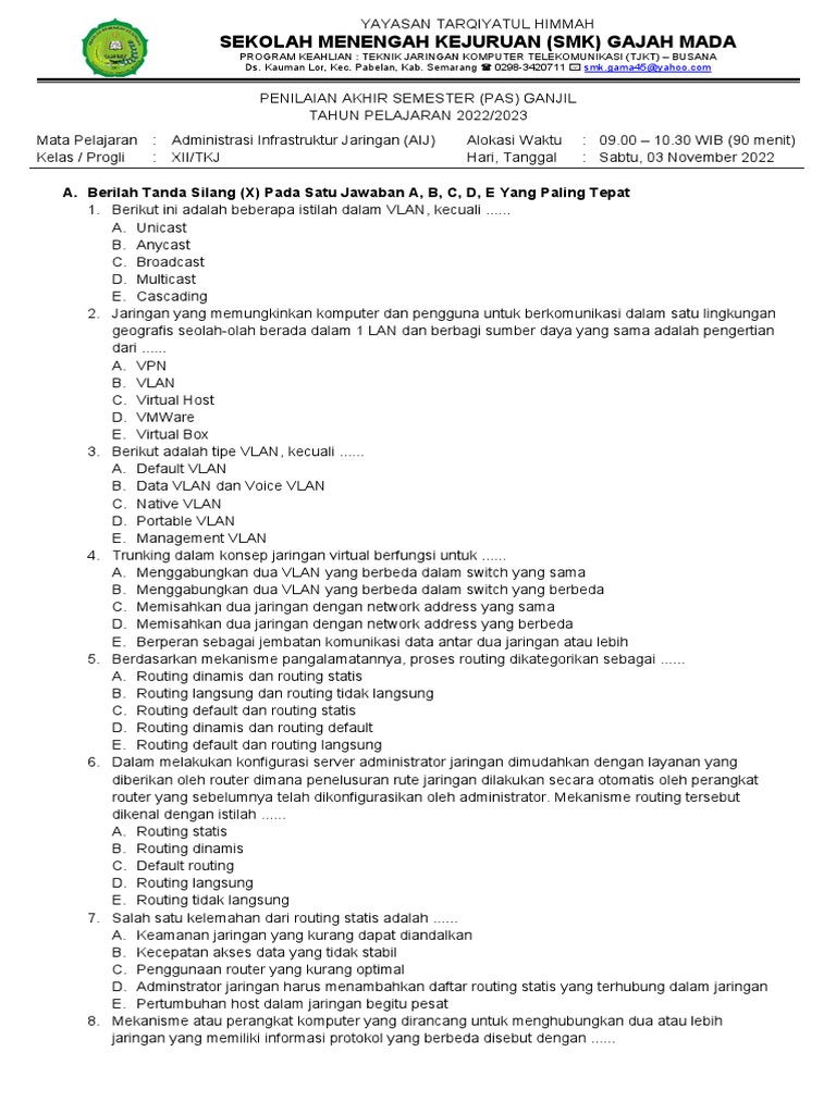 Template Soal PAS Ganjil 2022-2023 SMK Gajah Mada Pabelan Kab. Semarang | PDF