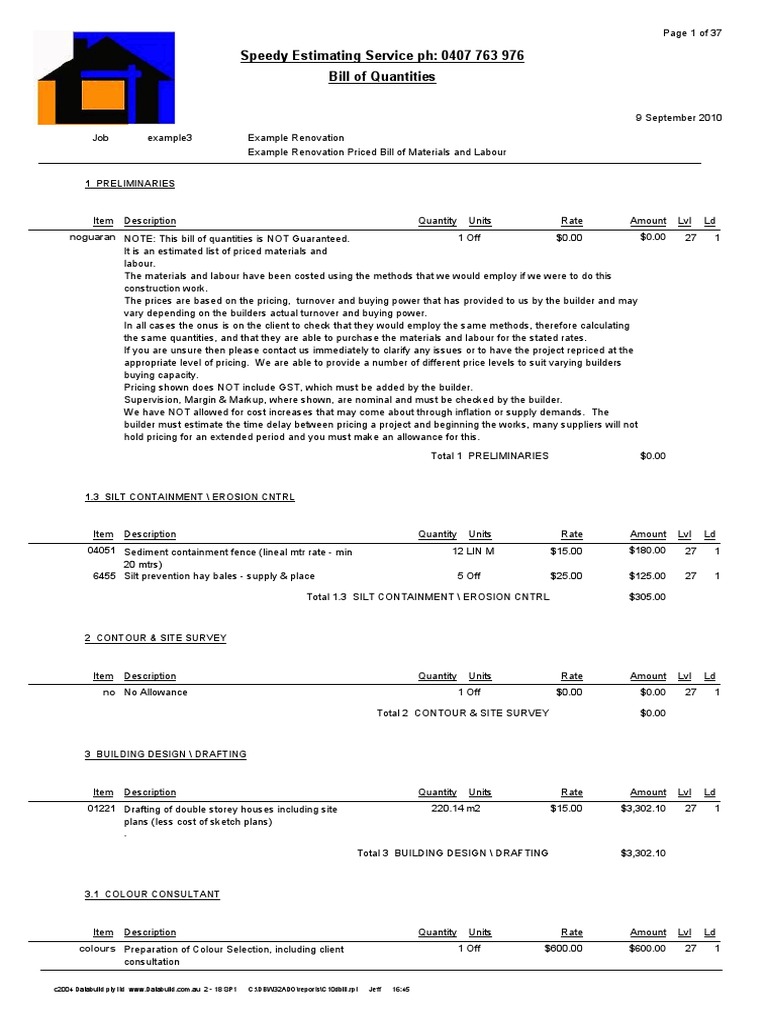 Example Renovations Boq | PDF | Pricing | Concrete
