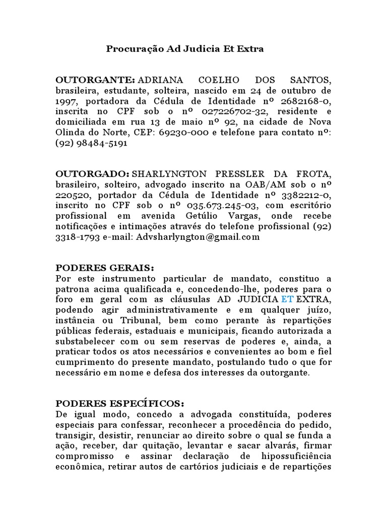 Procuração Ad Judicia Et Extra Pdf
