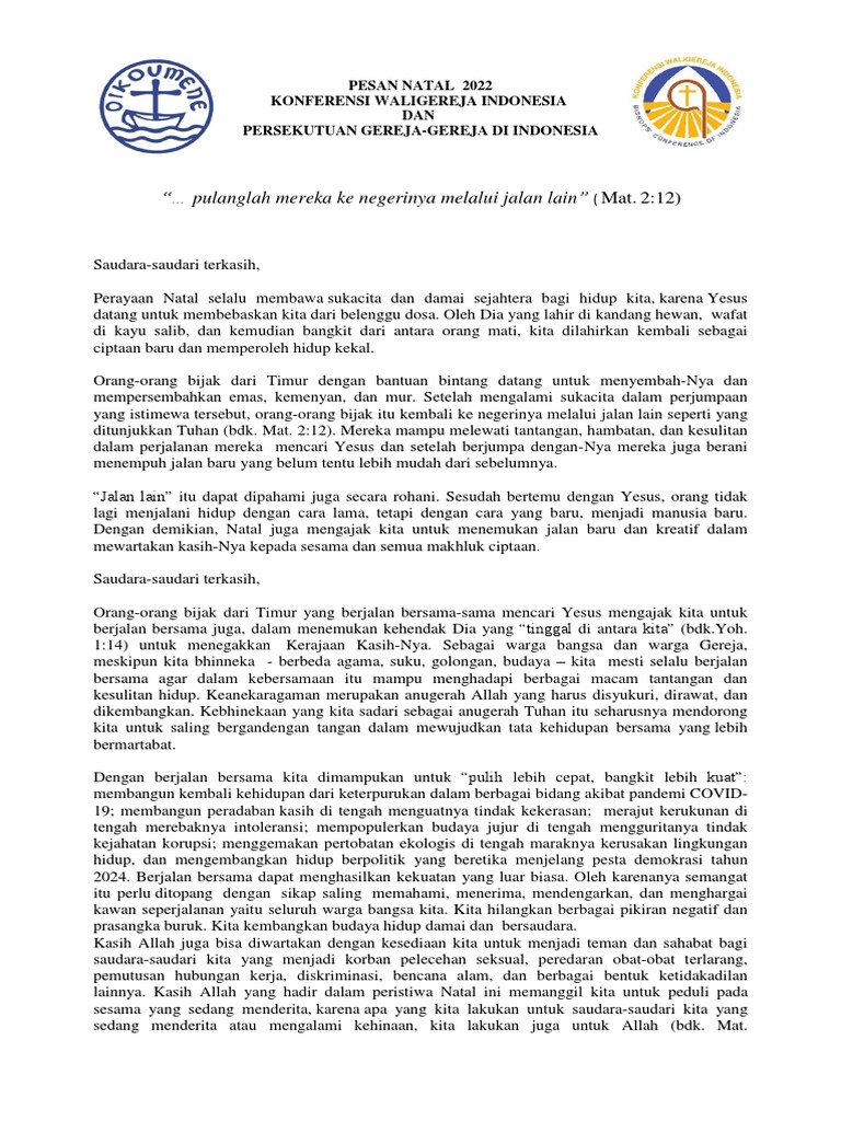 Pesan Natal 2022 KWI dan PGI | PDF | Religion & Spirituality