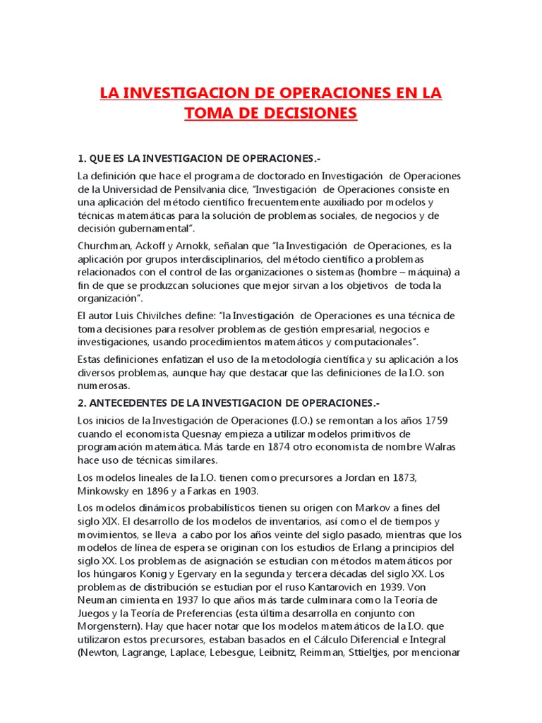 La Investigacion de Operaciones en La Toma de Decisiones | PDF