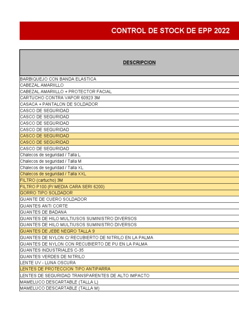 Control de Stock EPP y Uniformes 2022 | PDF | Tecnicas artisticas | Arco iris