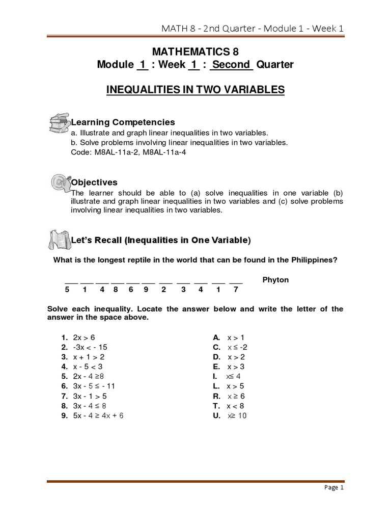 Math Grade 8 Quarter 2 Module 1 Week 1 Pdf Applied Mathematics Algebra