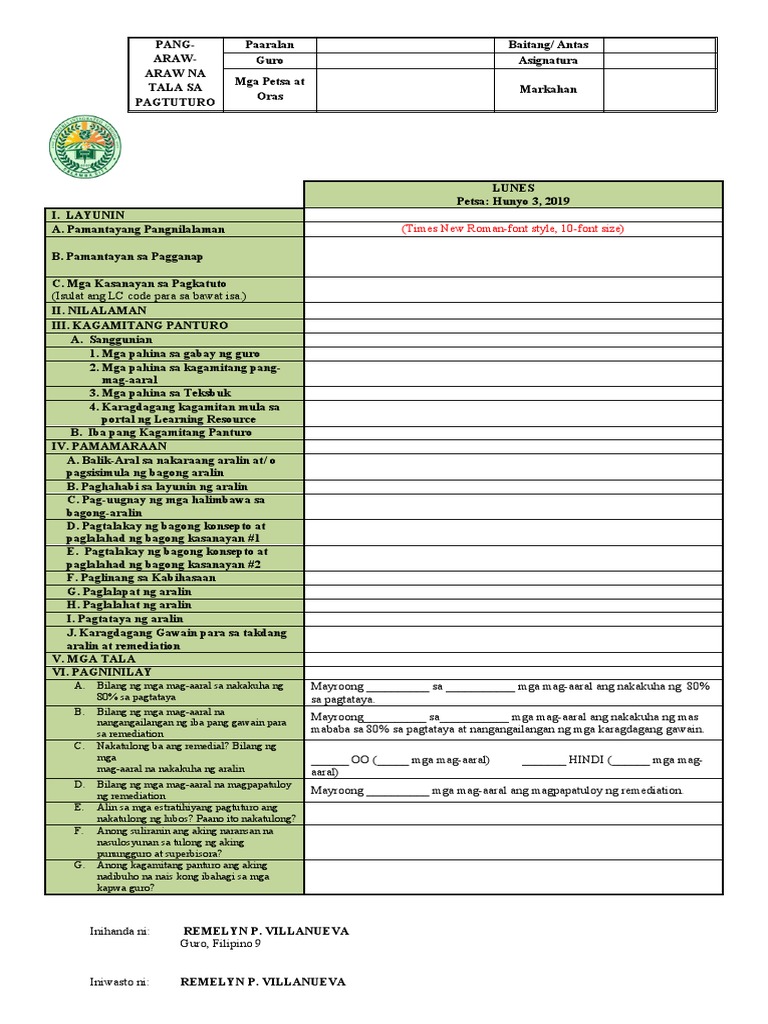 DLL TEMPLATE - Filipino Version | PDF
