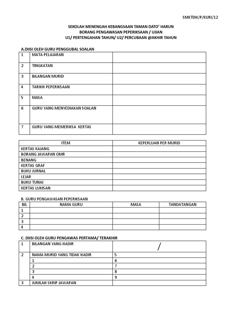 Borang Pengawasan Peperiksaan | PDF