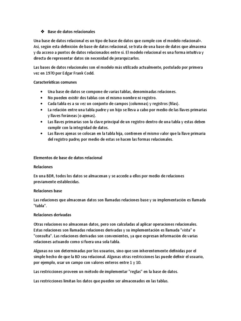 Base de Datos Relacionales | PDF | Base de datos relacional | Modelo cliente-servidor