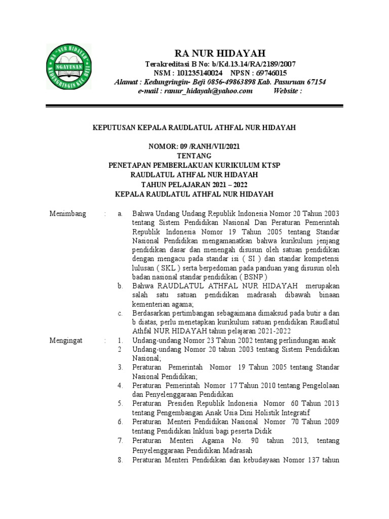 SK Penetapan Pemberlakuan Kurikulum | PDF