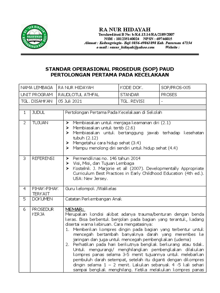 5 Sop Paud Pertolongan Pertama Pada Kecelakaan | PDF