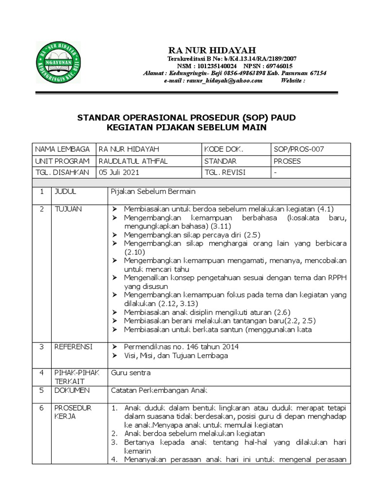 7 Sop Paud Kegiatan Pijakan Sebelum Main | PDF