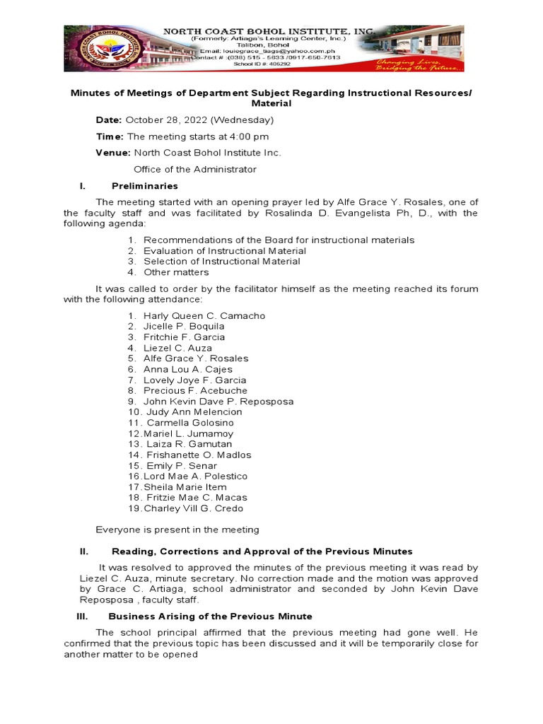 Minutes of Meetings of Department Subject Regarding Instructional ...