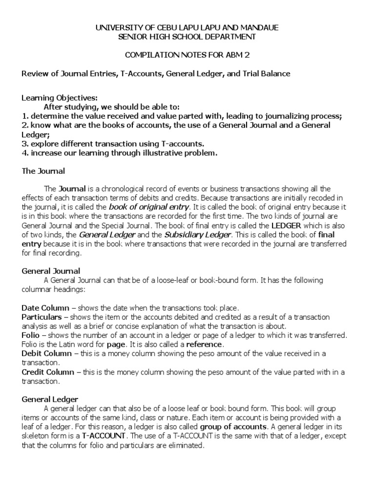 Compilation Notes On Journal Ledger and Trial Balance | PDF | Debits ...