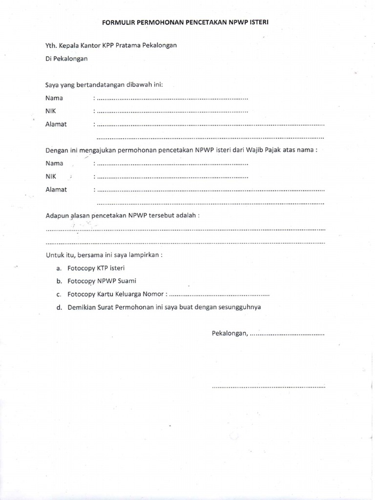 Formulir Permohonan Pencetakan NPWP Istri | PDF