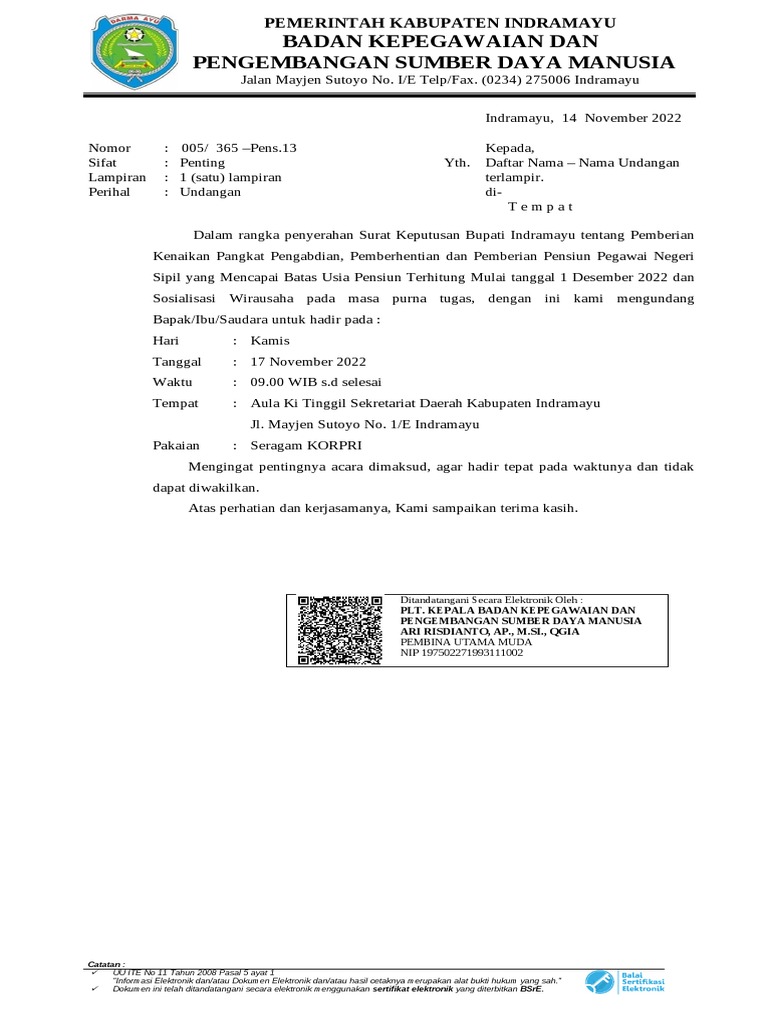 Undangan Sosialisasi Pensiun 17 Nov Daftar Undangan Terlampir | PDF