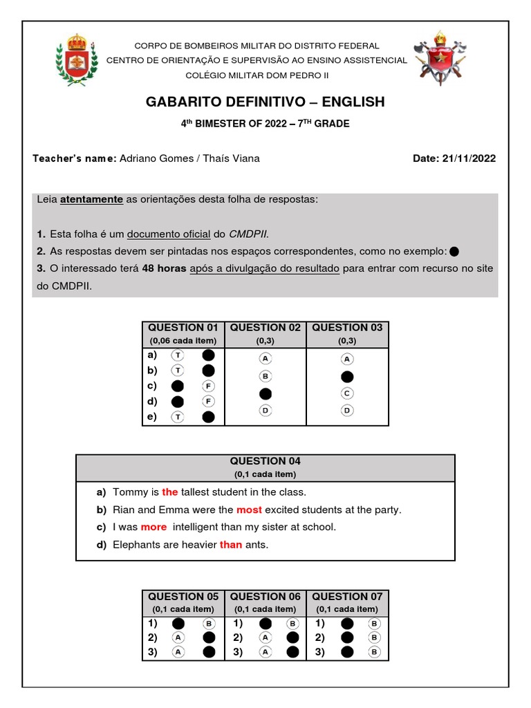 Folha de respostas (gabarito) | PDF