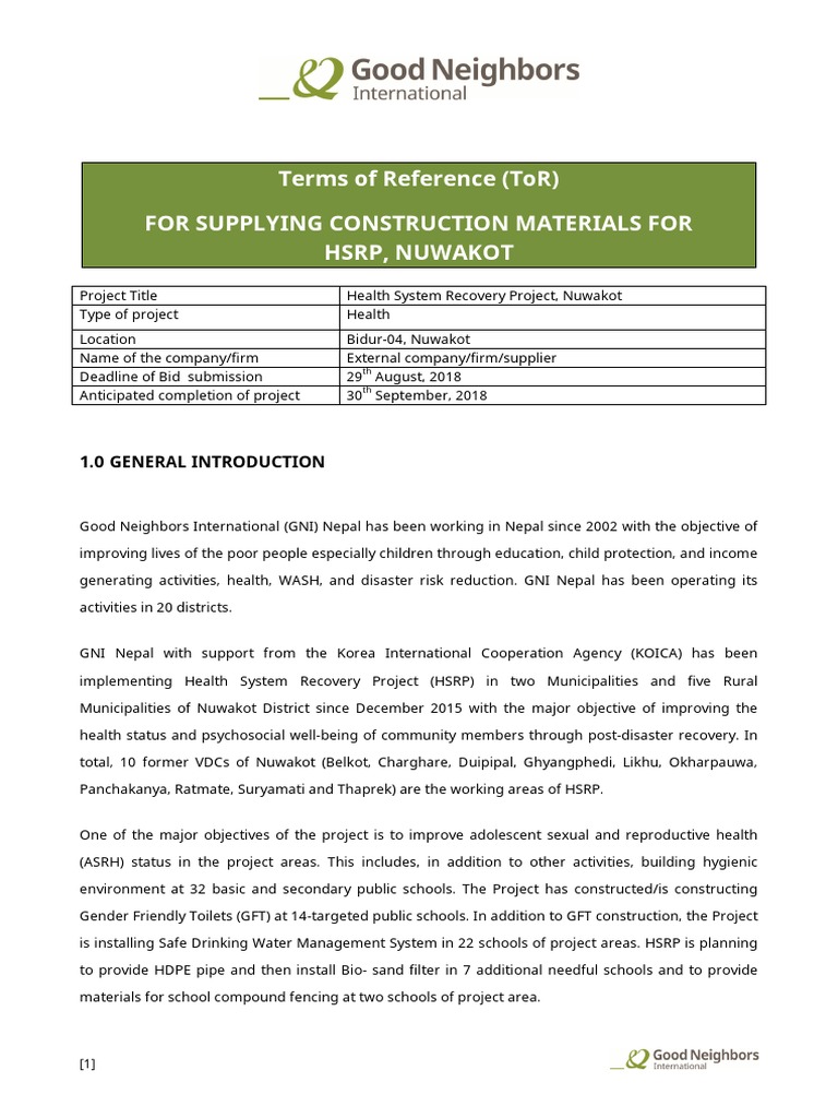 ToR for Construction Materials Supply | PDF | Payments | Prices