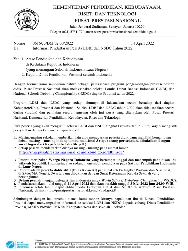 Informasi Pendaftaran Peserta LDBI Dan NSDC | PDF