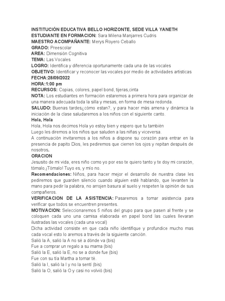 Plan de Clase Las Vocales | PDF
