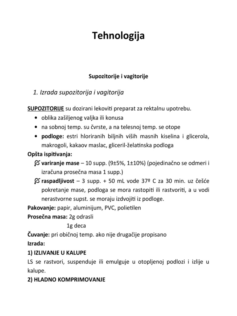 Tehnologija: 1. Izrada Supozitorija I Vagitorija | PDF