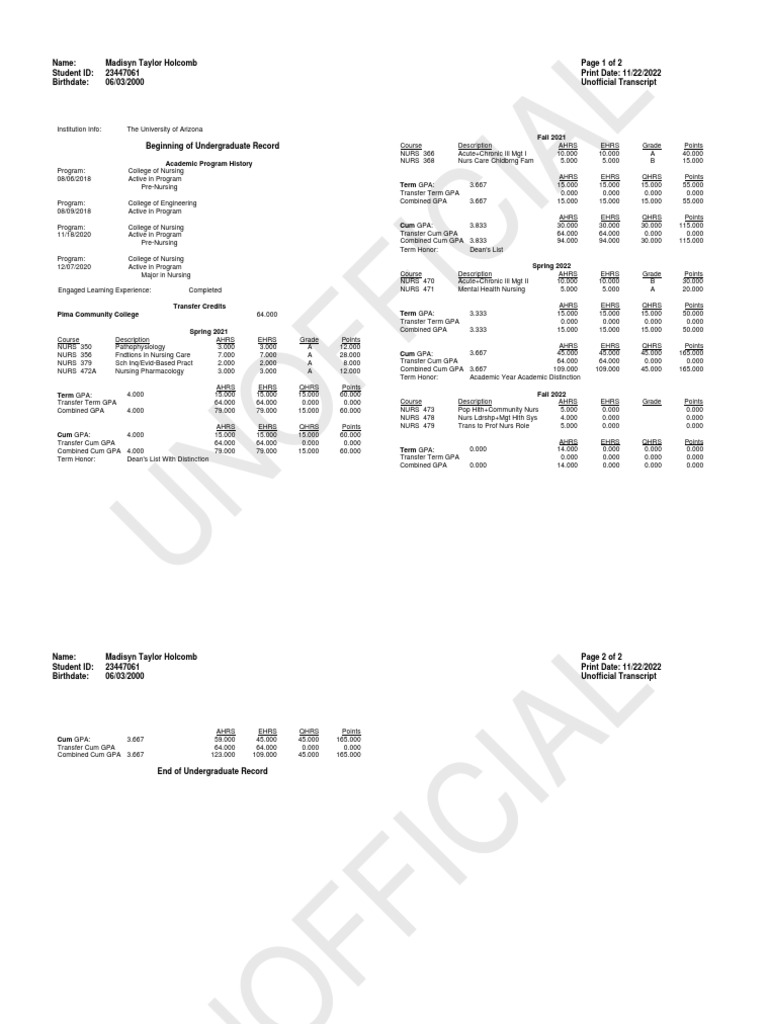 Ua Unofficial Transcript | PDF | Student Assessment And Evaluation ...