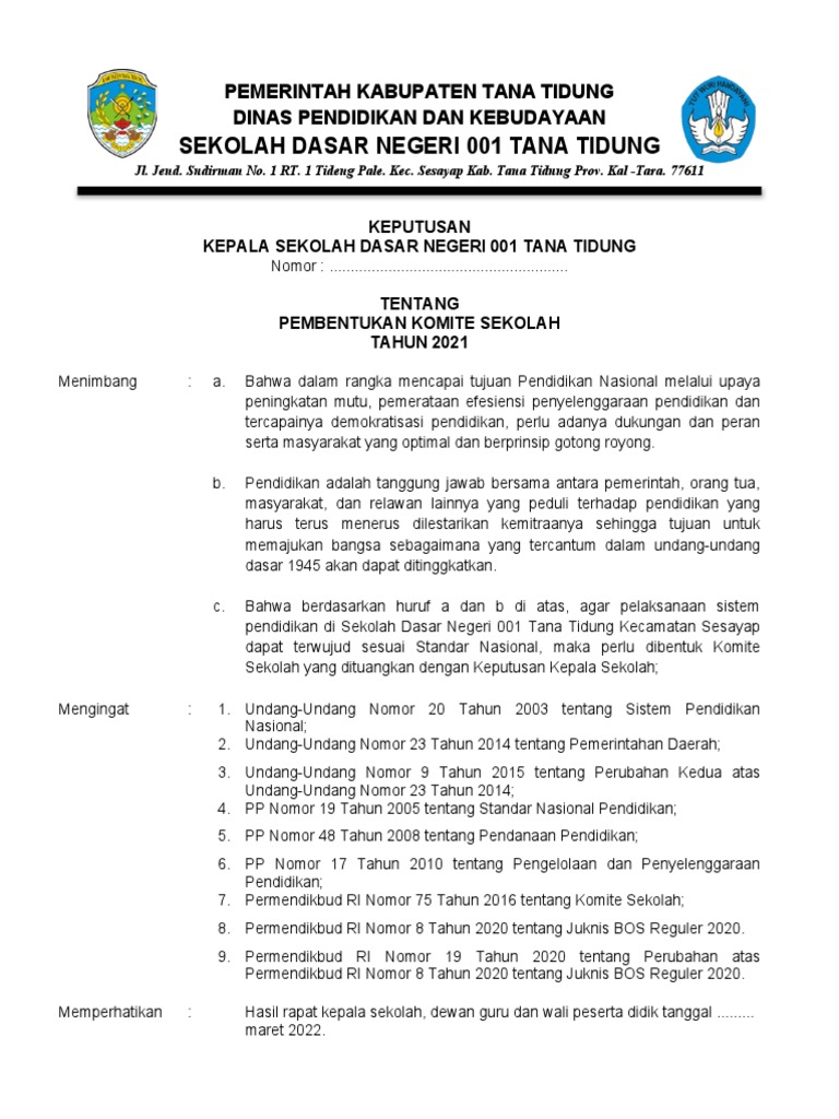 Pembentukan Komite Sekolah Sd Negeri 001 Tana Tidung 2021 2024 Pdf