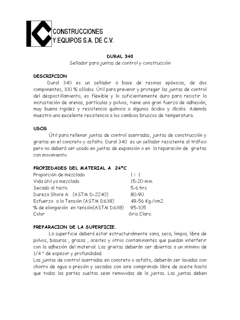 Sellador Dural 340 para Juntas de Control | PDF | Agua | Química Física
