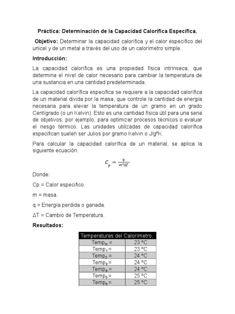 Practica Capacidad Calorifica | PDF | Capacidad calorífica | Celsius