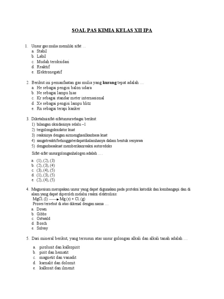 Soal Pas Kimia Kelas Xii Ipa | PDF