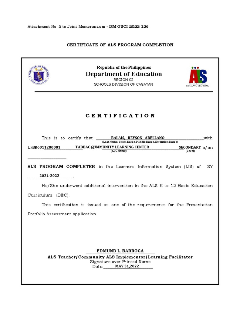 Attachment No. 5 Certificate of Additional Learning Intervention | PDF ...