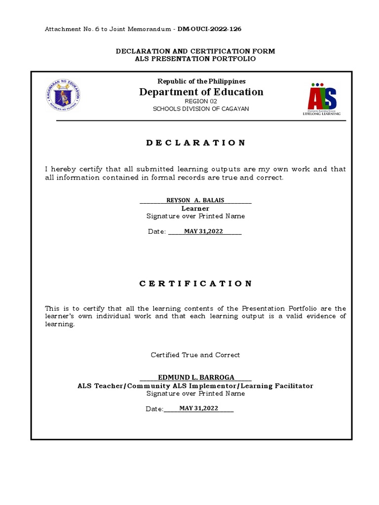 Attachment No. 6 Declaration and Certification | PDF | Learning | Signature