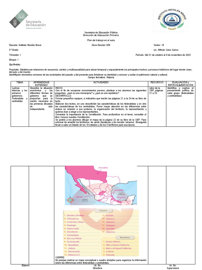 Plan de Trabajo: Historia 5° Grado | PDF | México | Evaluación