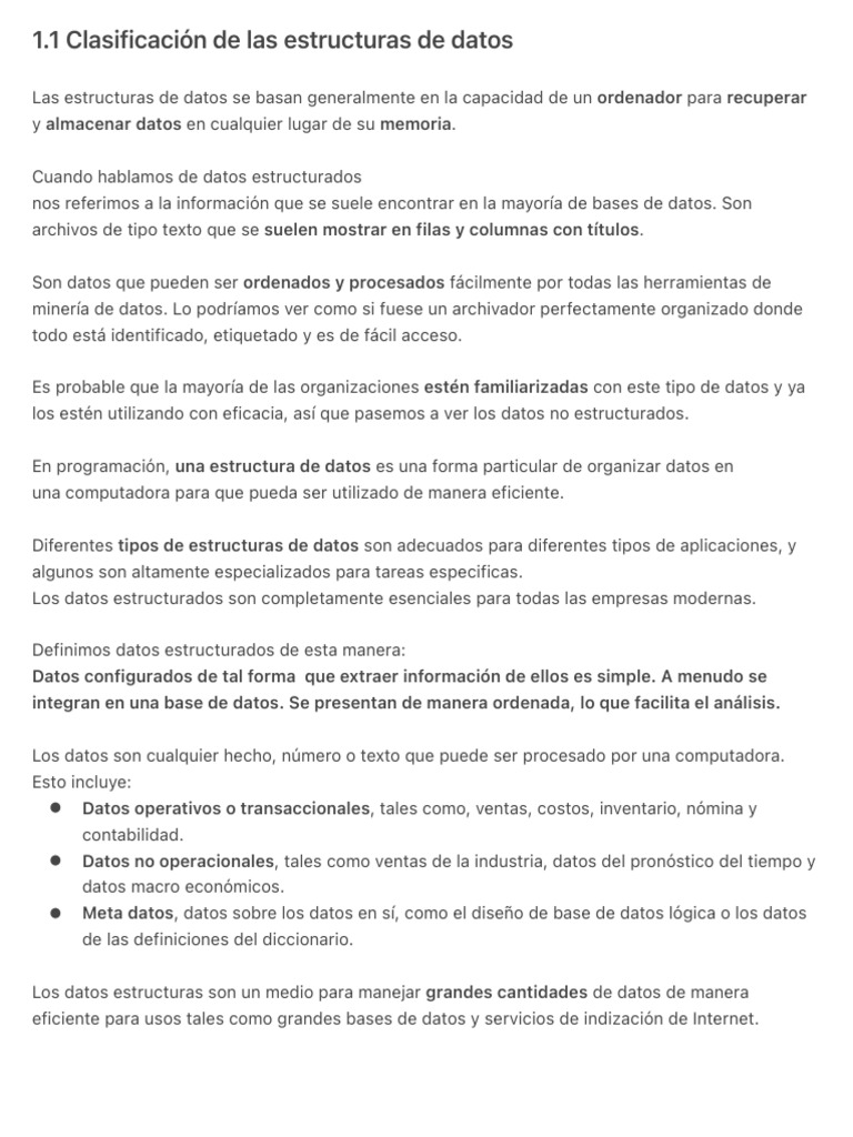 1.1 Clasificación de Las Estructuras de Datos | PDF | Estructura de datos de matriz | Lenguaje ...