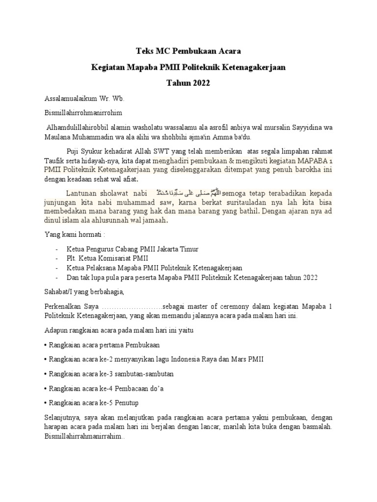 Teks MC Pembukaan Acara MAPABA PMII | PDF