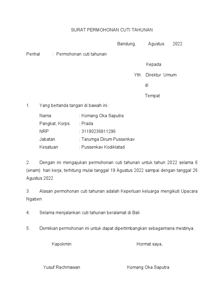 Surat Permohonan Cuti Tahunan | PDF
