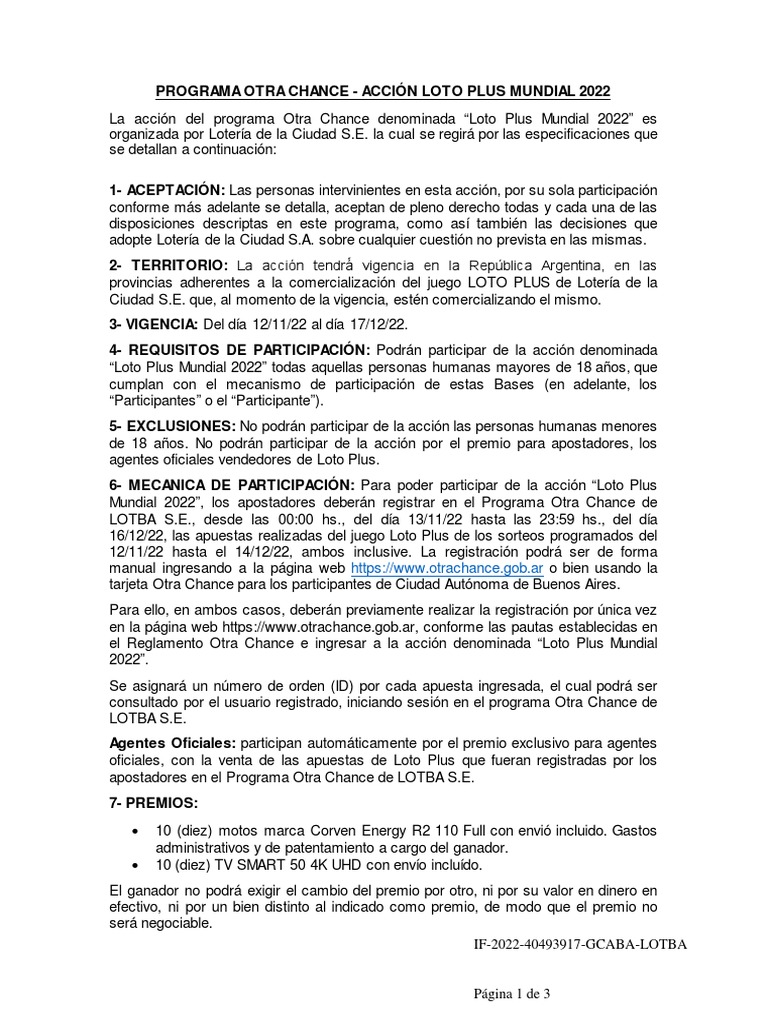 Programa Otra Chance - Acción Loto Plus Mundial 2022: Bases y mecánica del sorteo para la ...