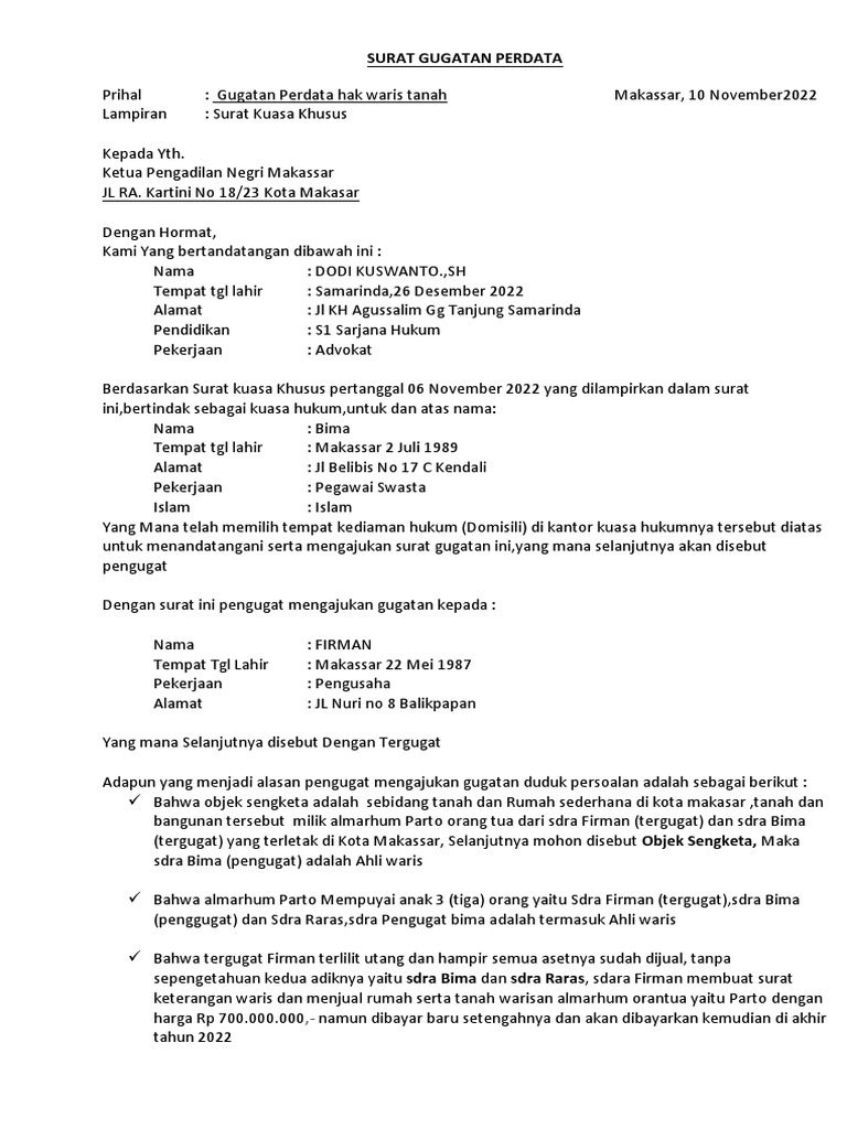 Surat Gugatan Perdata | PDF