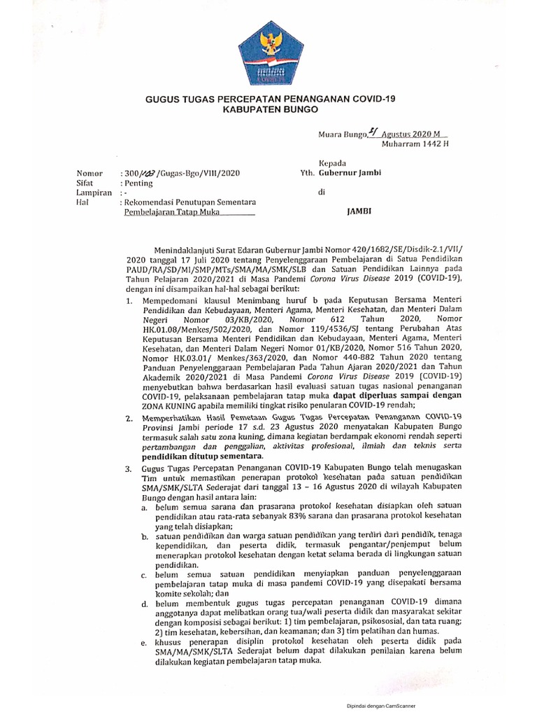 Surat Rekom Gugus Covid Bgo-Penutupan PBM Tatap Muka | PDF