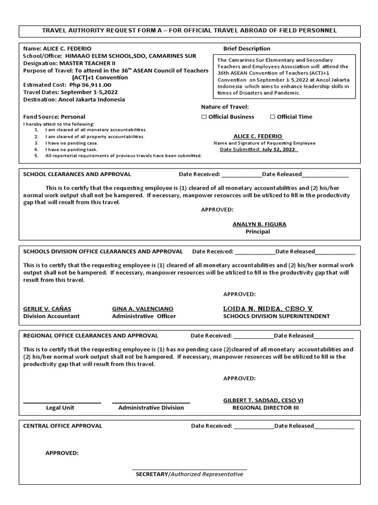 Travel Authority Request for Official Travel | PDF