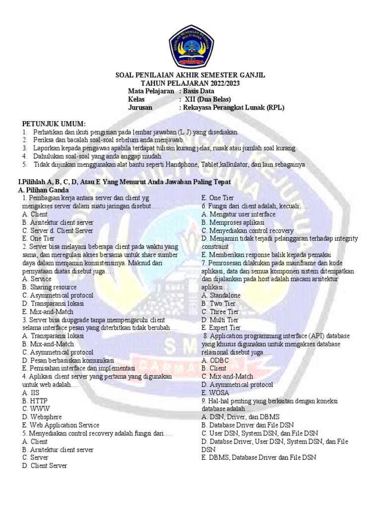 SOAL PAS GANJIL Basis Data KELAS 12 | PDF